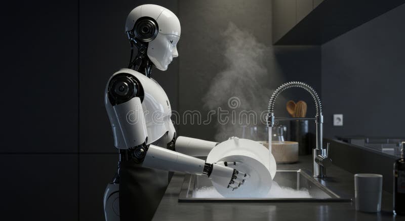 Monochrome Robot Washing Dishes in a Dark Kitchen Stock Illustration ...