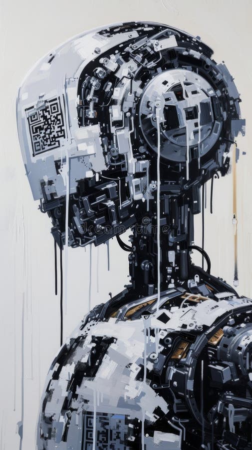 Monochrome Robotic Humanoid with QR Code and Cybernetic Design Stock ...