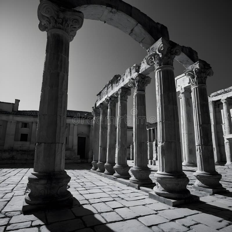 Monochrome Roman Columns with Dramatic Shadows Highlighting Classical ...