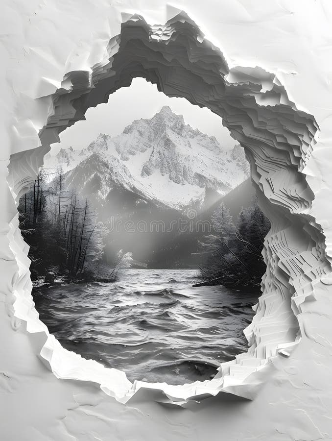 Mountain River View through Torn Paper Effect Black and White Stock ...