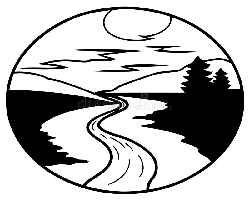 Monochrome Scenic River Landscape with Winding Road and Trees Stock ...