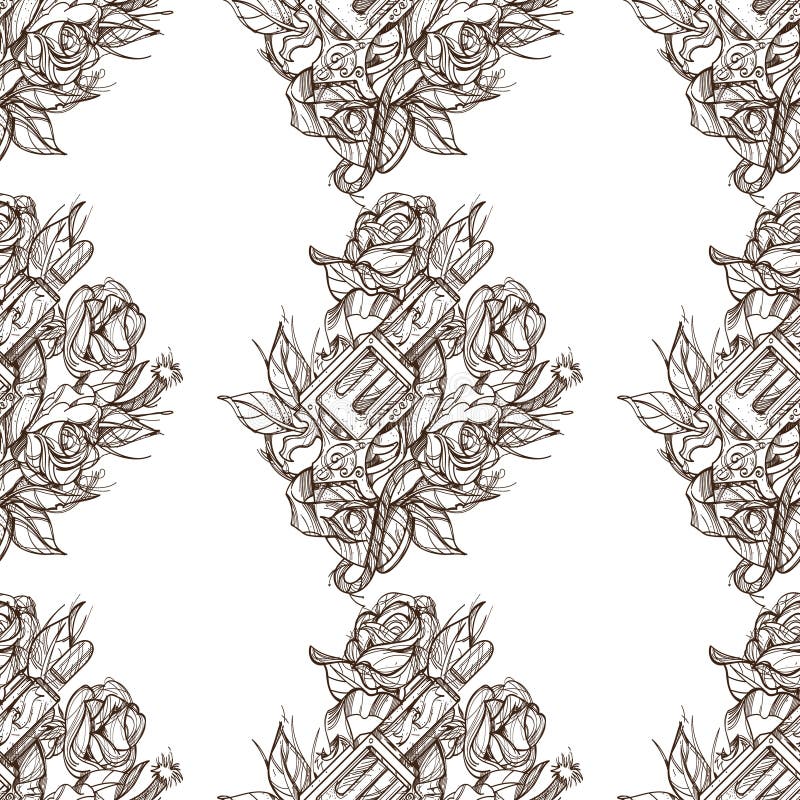 Monochrome Seamless Outline Pattern a Gun and Roses. Design of Surface Pattern Stock Vector ...