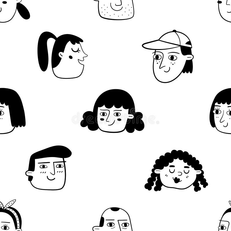 Monochrome Seamless Pattern with People Faces. Portraits of Various Men ...
