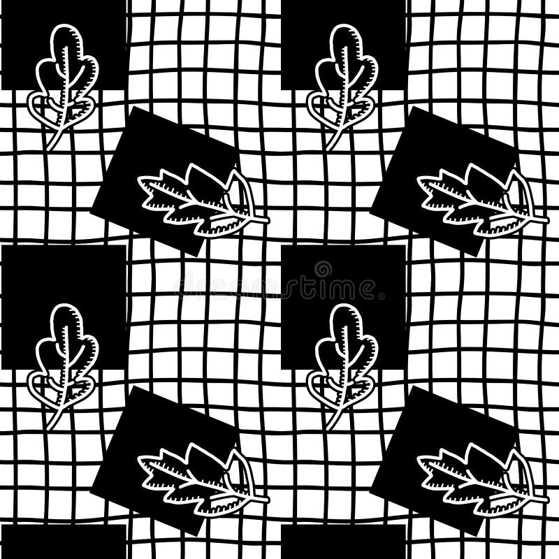 Monochrome Seamless Pattern, White Contours Of Leaves, Black Squares ...