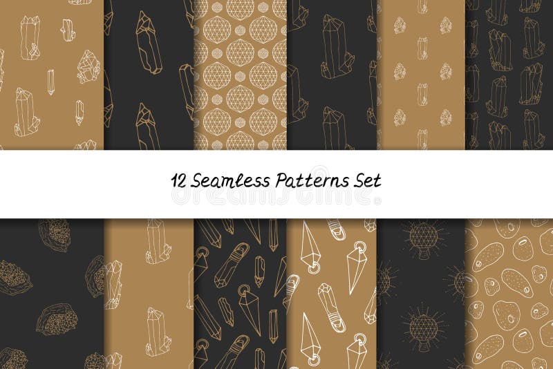 Monochrome Seamless Pattern with Hand Drawn White Crystals on Golden ...