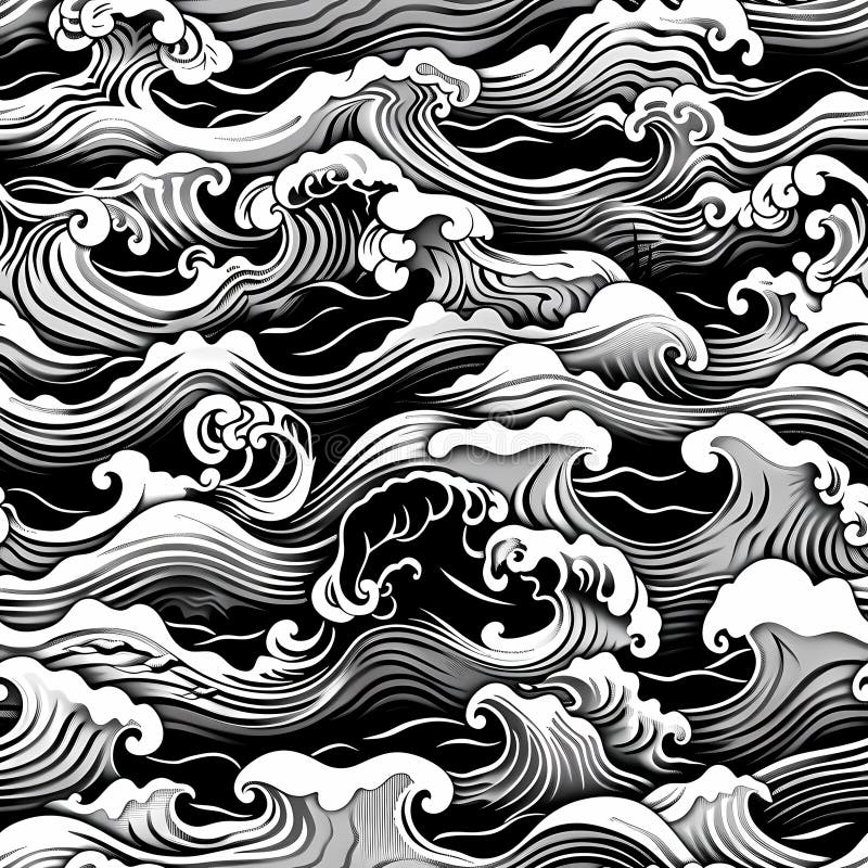 Monochrome Seamless Waves Pattern with Cloud and Water Elements, AI ...