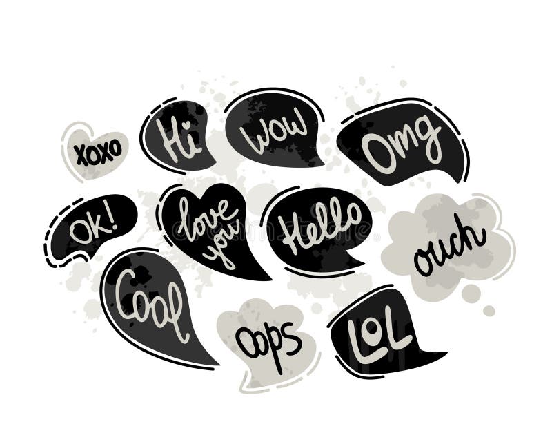 Monochrome Set of Speech Bubbles with Dialog Words, Hi, Wow, Love You ...