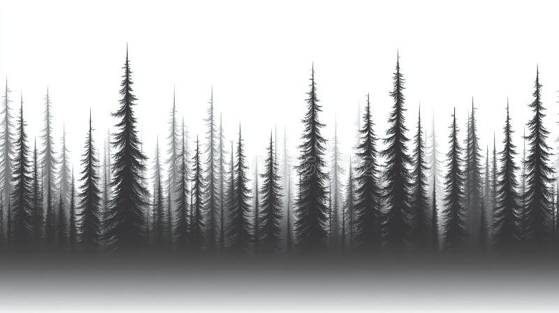 Monochrome Silhouette of a Dense Evergreen Forest, Showcasing Various ...