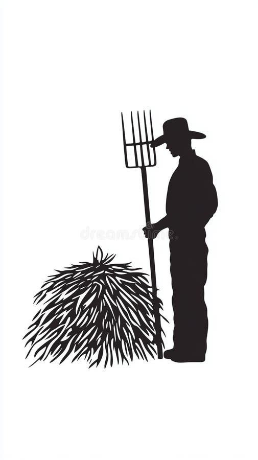 A Monochrome Silhouette of a Farmer Holding a Pitchfork Standing beside ...
