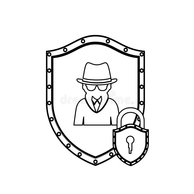 Monochrome Silhouette with Shield with Hacker and Padlock Stock Vector ...
