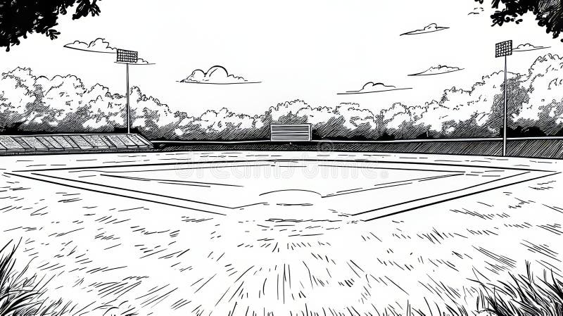 A Monochrome Sketch of a Baseball Stadium, Empty and Seen from a Low ...
