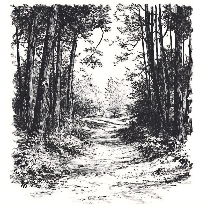 Monochrome Sketch of a Forest Path Winding through Tall Trees Stock ...