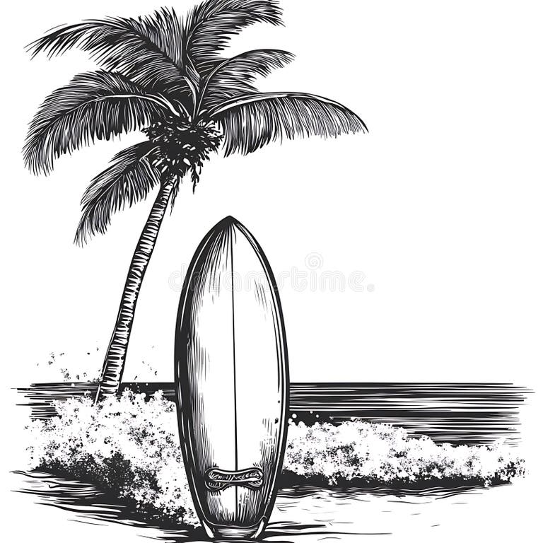 Monochrome Sketch of Surfboard by Palm Tree on Beach Stock Illustration ...