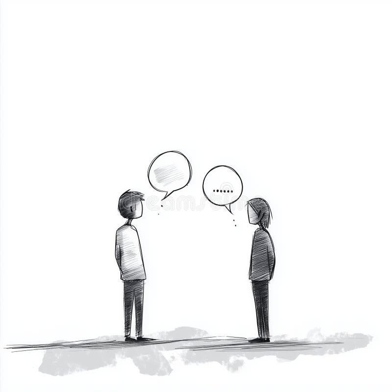 Monochrome Sketch of Two Figures Engaged in Dialogue with Speech ...