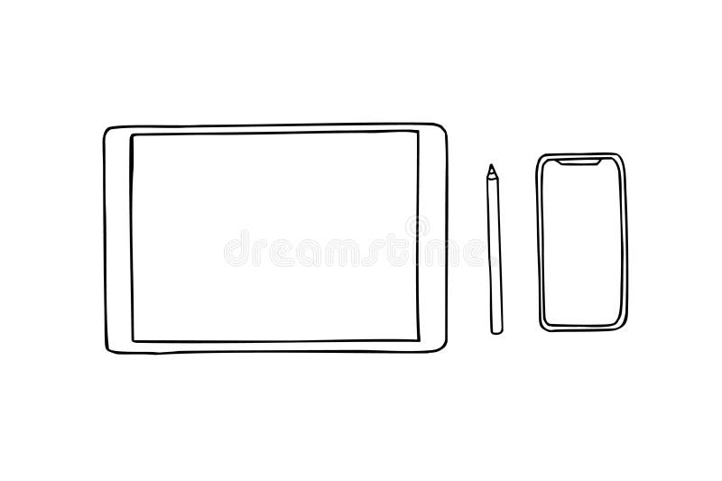 Monochrome Smartphone and Tablet with Touchscreen, Stylus Vector Sketch ...