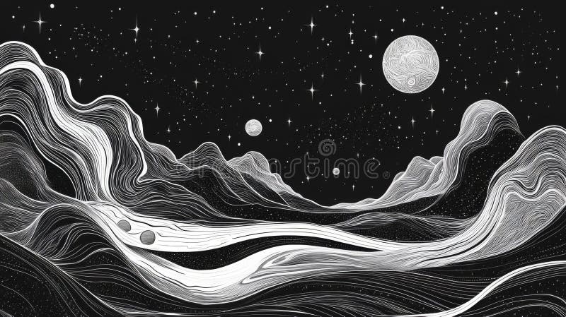 Monochrome Space Landscape with Mountains and Planets Stock ...