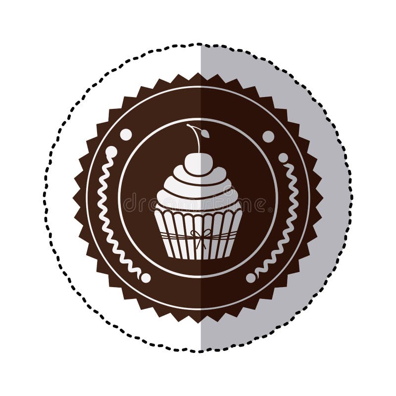 Monochrome Sticker with Cupcake with Cherry in Round Frame Stock ...