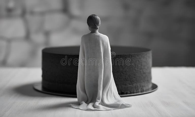 Monochrome Still Life Featuring Cake and Draped Figure in Studio ...