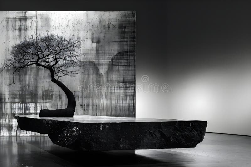 Monochrome Still Life with Tree and Rock Formation Generative AI Stock ...