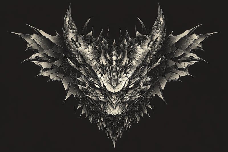 Monochrome Stylized Dragon Head Illustration with Sharp, Angular ...