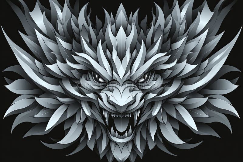 Monochrome Stylized Dragon Head with Sharp Teeth and Textured Mane ...