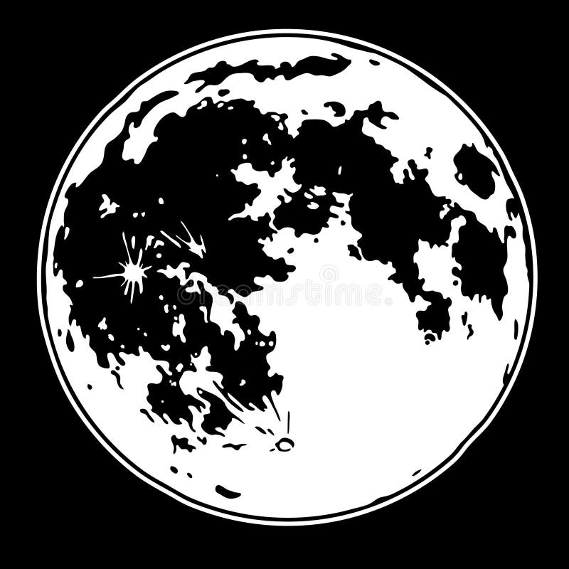 Monochrome Drawing of Full Moon Stock Vector - Illustration of round ...
