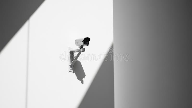 Monochrome Surveillance Camera Mounted on a Minimalist White Wall with ...