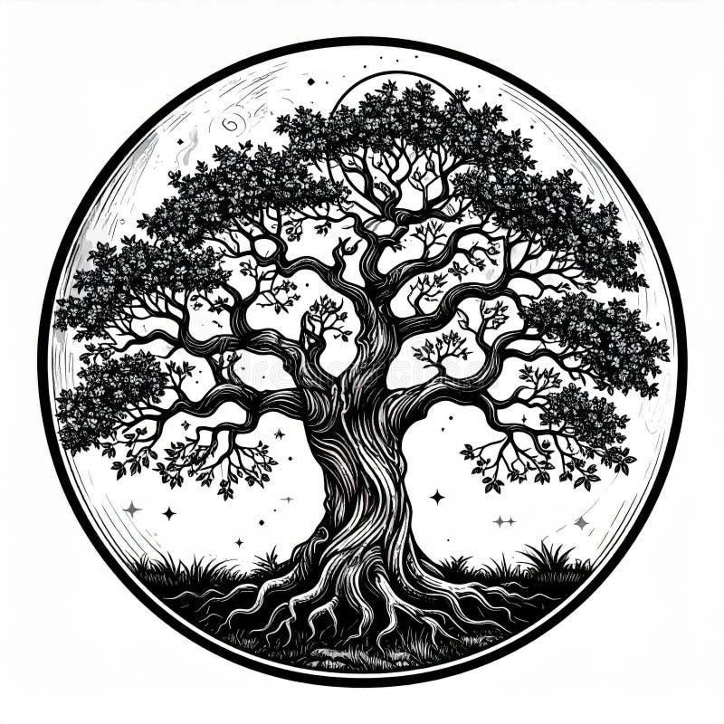 Monochrome Tree with Extensive Root System and Branches in Circular ...