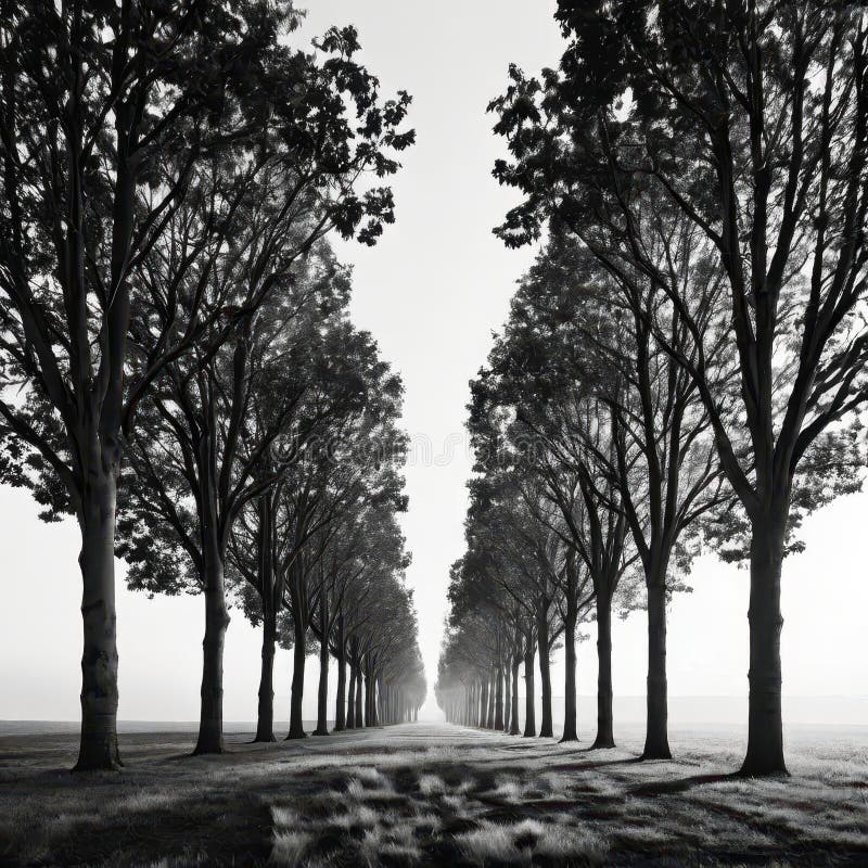 Monochrome Tree-lined Pathway Creating a Dramatic Perspective Stock ...