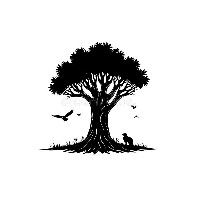 Monochrome Tree Silhouette with Wildlife Evokes Serene Natural Scenery ...