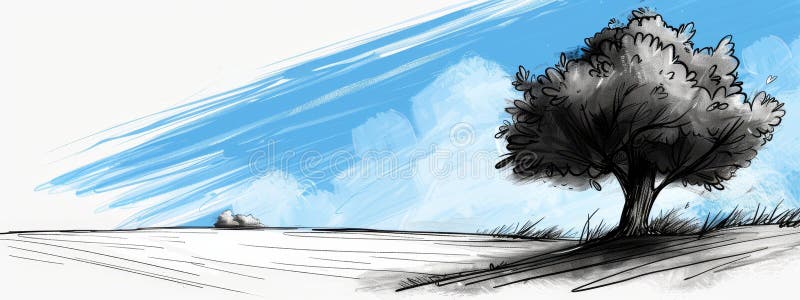 A Monochrome Tree Sketch in an Open Field Against a Blue Backdrop Stock ...