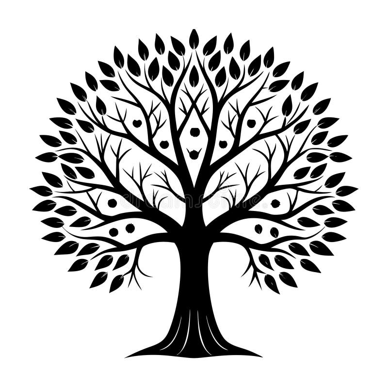 Monochrome Tree Vector Illustration with Leaves and Fruits on White ...