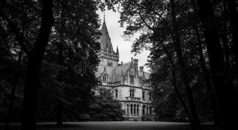 Monochrome View of a Gothic Stone Castle Partially Obscured by Trees ...