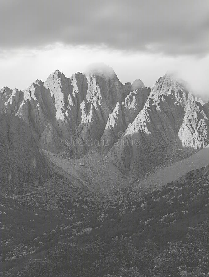 A Monochrome View of Jagged Mountain Peaks Under a Cloudy Sky Casting ...