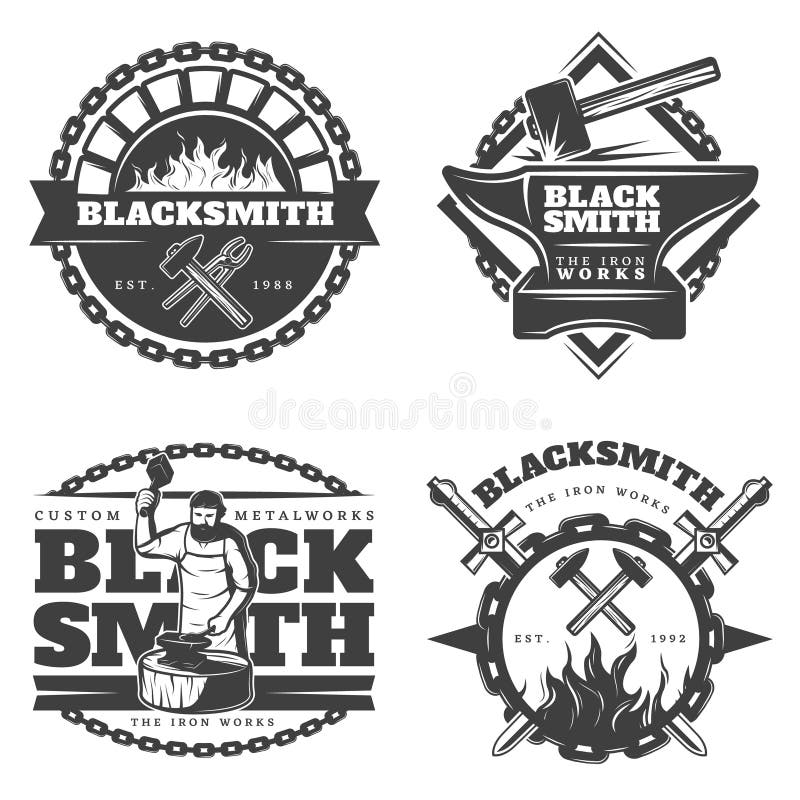 Monochrome Vintage Blacksmith Emblems Set Stock Vector - Illustration ...