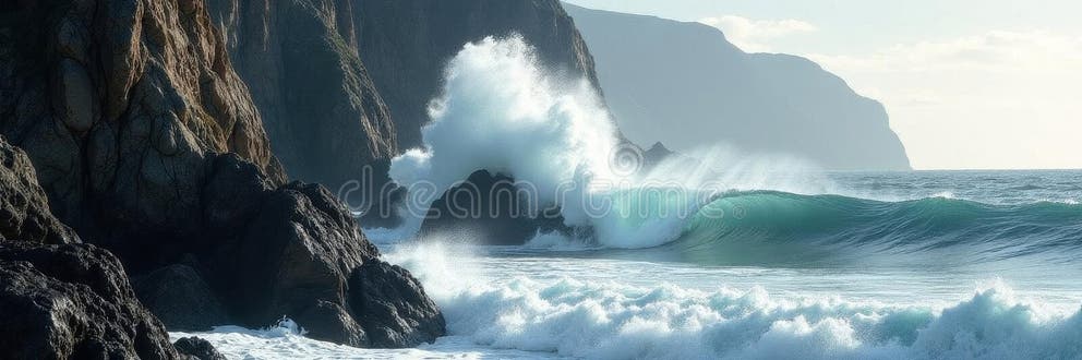 Monochrome Waves Explode on Rugged Cliffs, Dramatic Spray , Powerful ...