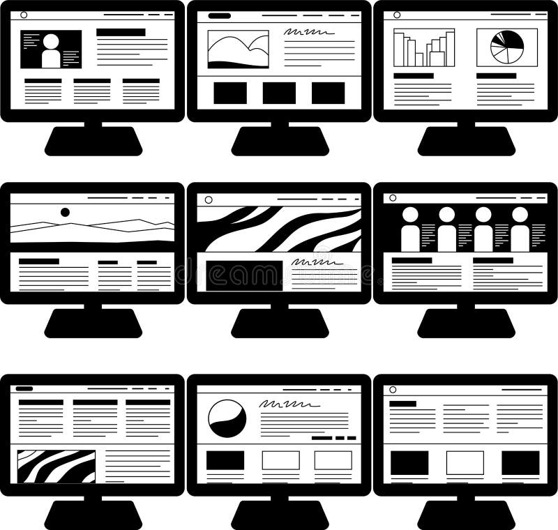 Monochrome Website Screen View with PC Set Stock Vector - Illustration ...