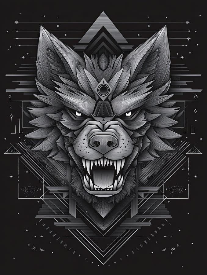 Monochrome Wolf Head Illustration with Geometric Sacred Geometry Design ...