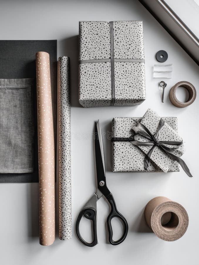 Monochrome Wrapping Tools Arranged on a Desk with Gift Boxes and ...