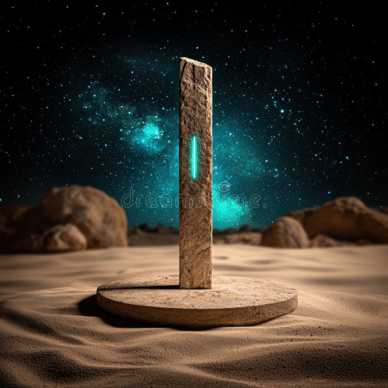 Monolith with Glowing Symbol in Desert Landscape Under Starry Sky ...