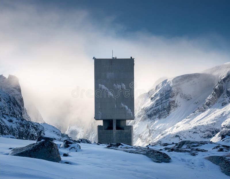 Monolithic Brutalist Tower in Snowy Scandinavian Mountains Stock Image ...
