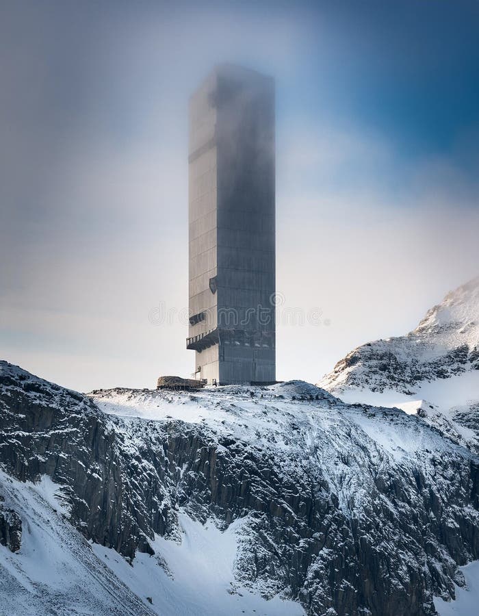 Monolithic Brutalist Tower in Snowy Scandinavian Mountains Stock Image ...