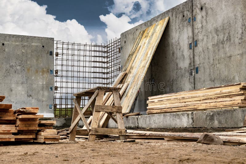 Monolithic Reinforced Concrete Work at the Construction Site. Boards ...