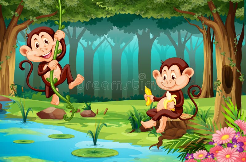 Monos en la selva ilustración del vector. Ilustración de bosque - 10234382