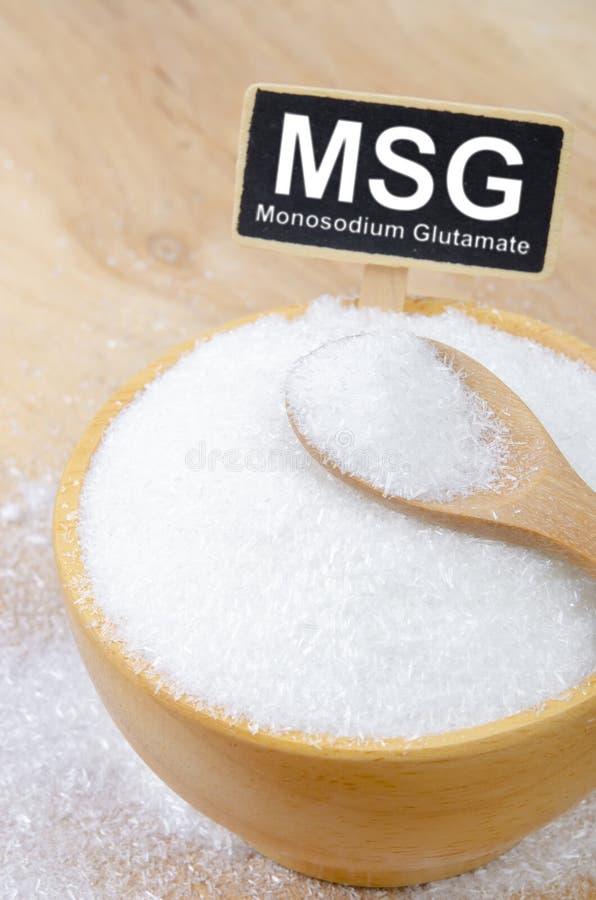 The Monosodium Glutamate, MSG in Wooden Spoon on Wooden Cup with Text ...