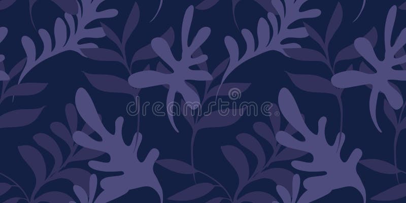 Monotone Dark Blue Pattern with Shape Organic Botanical Branches Leaves ...