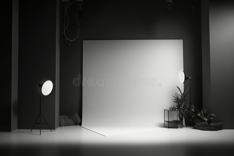Monotone Photo Studio with Lighting and Equipment in Black Stock Photo ...