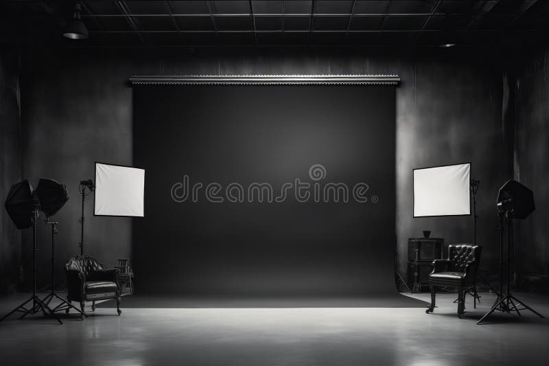 Monotone Photo Studio with Lighting and Equipment in Black Stock Photo ...