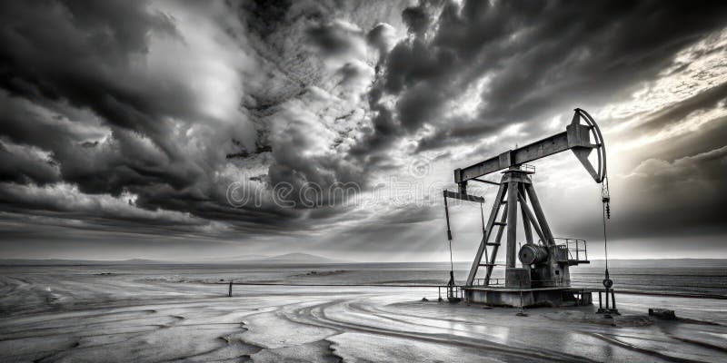 Monotonous Landscape with an Oil Pump Jack Under a Dramatic Sky ...