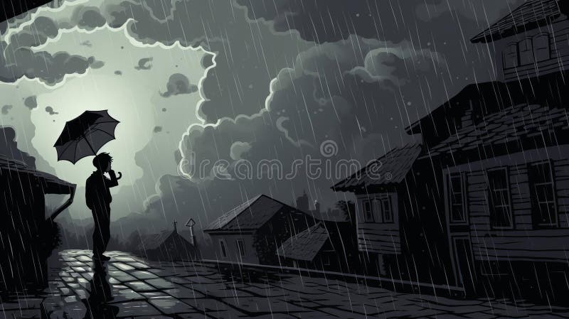 Dramatic Monsoon Scene with Silhouetted Man and Umbrella Stock ...